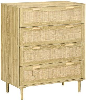 HOMCOM Commode Chambre 4 tiroirs, Meuble de Rangement Style boh&egrave;me avec fa&ccedil;ade Tissage en r&eacute;sine tress&eacute;e, 90 x 45 x 108,5 cm, ch&ecirc;ne
