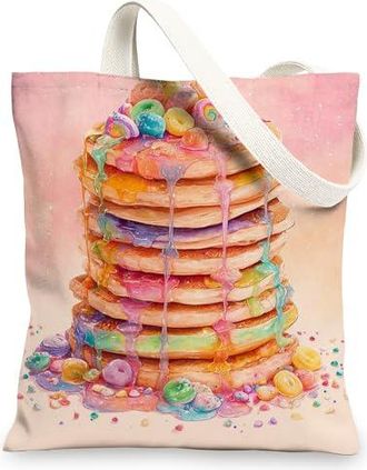 Generic Sacs fourre-tout fantaisistes en toile, motif de crêpes colorées, sacs dépicerie réutilisables, amusants légers et lavables avec bandoulière Ca, pêche