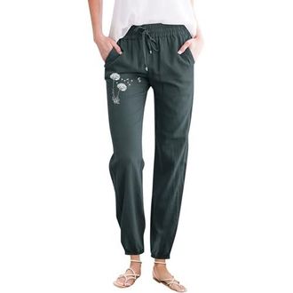 Generic Pantalon en coton et lin pour femme - Jambe large - Pantalon de plage d&eacute;t&eacute; pour femme - Confortable - Pantalon de yoga Palazzo XIYU26031, vert fonc&eacute;, 