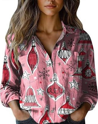 Generico Chemise Femme d&Eacute;t&eacute; Curvy Manches Longues T Shirt en Lin Coton &Eacute;l&eacute;gant Grande Taille Chemises Col en V Lumi&egrave;re Blouse Vintage Imprim&eacute; avec Boutons Clas