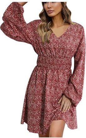Generic Robe amincissante &agrave; pois pour femme, col en V, manches longues, taille pliss&eacute;e, jupe ajust&eacute;e, Rouge, XXL