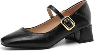 Generic Chaussures Femme Mary Janes Bout Carré Talons Bas Carrés Bride Cheville Réglable avec Boucle Tige PU Confortables Travail Robe Chaussures,Noir,38.5 EU