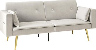 HOMCOM Schlafsofa, Schlafcouch mit Verstellbar R&uuml;ckenlehne, Seitentasche, Gepolstert 2er-Sofa mit Schlaffunktion, Kissen, f&uuml;r Wohnzimmer, Schlafzimmer, Beige