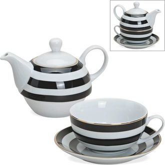 Matches 21 Tea for One Set Streifen schwarz-weiß mit Goldrand - Exklusives Geschenkset mit Teekanne, Tasse & Teller - Edles Design für besondere Genussmomente