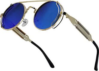 XFentech Polarisée Lunettes de Soleil - Ronde Steampunk Lunettes de Soleil UV400 Protection Métal Cadre Lunettes Homme Femme, B1 Monture Dor - Lentilles Bleus