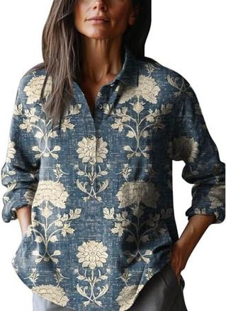 Generico Chemise Femme Curvy Manches Longues Chemisier Coton Et Lin &Eacute;l&eacute;gant Grande Taille Chemises Col en V Classique Blouse Vintage Fantaisie avec Boutons L&eacute;g