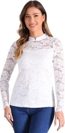 Allegra K Chemisier en Dentelle Femme Semi-Transparente Manches Longues Col Rond Blouse Décontracté Haut Vintage Blanc M