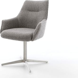 DELIFE Drehstuhl Alja-Flex mit Armlehnen Bouclé Silbergrau Fußkreuz Edelstahl 360° drehbar Taschenfederkern, Esszimmerstühle