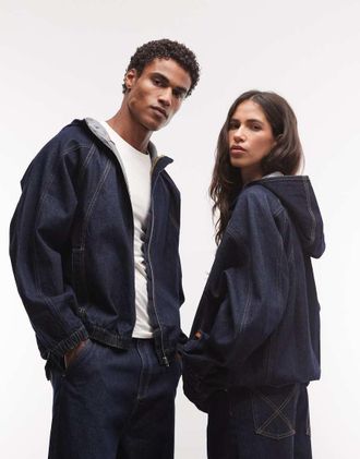 Collusion veste en jean oversize &agrave; capuche unisexe d&eacute;lavage rinse, ensemble 2 pi&egrave;ces-bleu marine