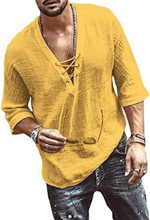 ORANDESIGNE Hommes Chemises Solid Manches Longues Slim Fit Mode à Lacets à Col en V pour Hommes Chemise à Manches Vintage Ample Z1 Jaune XS