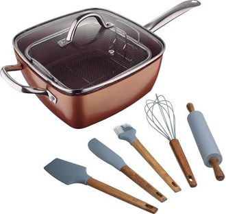 San Ignacio Optimum Copper Bergner quadratisches Pfannen-Set, 24 x 24 cm, aus gepresstem Aluminium + 5-teiliges K&uuml;chenutensilien-Set aus Silikon und Holz