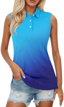 Generic D&eacute;bardeur sans manches &agrave; col pour femme, camisole boutonn&eacute;e de couleur d&eacute;grad&eacute;e pour l&eacute;t&eacute;, lentra&icirc;nement quotidien et haut ray&eacute; pour femme, bleu ciel,