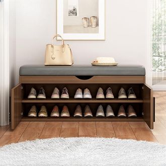 Generic Schuhaufbewahrungsbank Mit Türen - Eingangsbank Aus PU-Leder Mit Verstecktem Organizer, Schuhschrank for Den Innenbereich(Walnut,39 L x 12.5 W x 16.5 