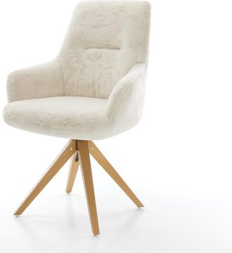 DELIFE Drehstuhl Zelia-Flex mit Armlehnen Plüsch Creme-Weiß Holzgestell kantig Natur 180° drehbar Taschenfederkern, Esszimmerstühle