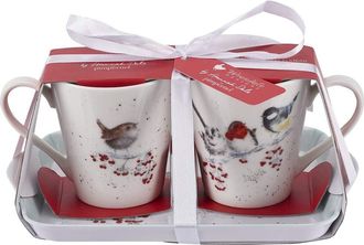 Portmeirion Wrendale Xmas - One Snowy Day (birds) 3-teiliges Set, Tasse, Tablett, Melamin Porzellan, 180 ml, Weihnachten, Garten, Vögel