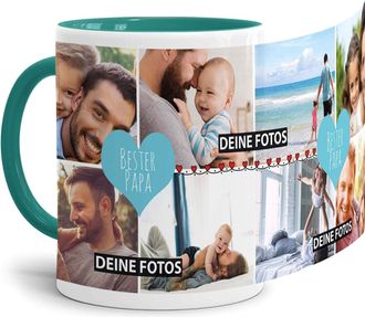 Tassendruck Fototasse mit Spruch - Bester Papa - zum Selbst gestalten mit Foto-Collage für 8 Fotos, Innen & Henkel Türkis, 300 ml