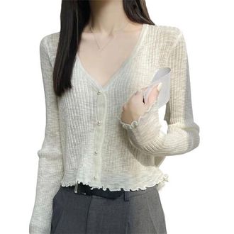 Generic Pull en soie pour femme avec col en V et dentelle Style court D&eacute;contract&eacute; Doux Slim Tops, Blanc, XS