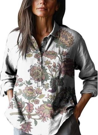 Generico Chemise Femme &Eacute;l&eacute;gant Manches Longues Chemises Coton Et Lin D&eacute;contract&eacute; grande taille Blouse Col en V Lumi&egrave;re T Shirt Vintage Fantaisie avec Boutons C