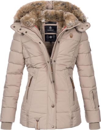 Marikoo warme Damen Winter Jacke Winterjacke Steppjacke gefüttert Kunstfell B658 [B658-Nek-Taupe-Gr.3XL]