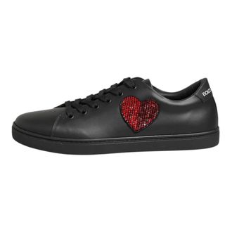 Dolce & Gabbana Schwarze Lederkristallherz-Sneakers - - Shoes - Damen - Schwarzk - 37 1/2 EU