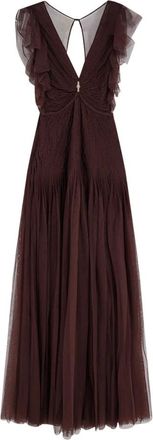 Elisabetta Franchi Femme, Robes, Brun, Taille: 40 FR Robe Longue Maxi &agrave; Volants et Col en V