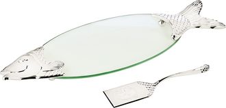 Edzard Fischplatte Salmon (L 58 cm) mit Heber, Glas, Metallelemente versilbert und anlaufgesch&uuml;tzt - Teller, Tablett, Servierplatte - Fisch Geschirr, Fischte