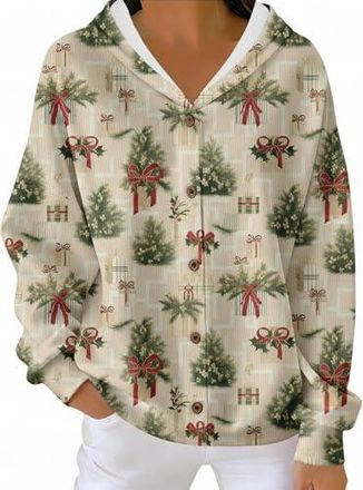 Generic Cardigan de Noël à capuche boutonné pour femme - Haut de Noël amusant - Imprimé de Noël - Veste à capuche surdimensionnée - Vêtements de sport - Costu