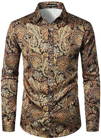 PARKLEES Chemise en satin à manches longues boutonnée pour homme Hipster en soie imprimée ajustée, ZLCL36-110-or, L