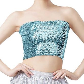 Generic Fashion Mardi Holiday Haut court extensible &agrave; paillettes &eacute;tincelantes en coton &eacute;lasthanne pour femme, bleu ciel, Taille unique