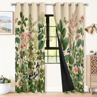 Generic Bedruckte Blickdichte Vorh&auml;nge Gr&uuml;n Creme, Pflanzen Kr&auml;uter Wildblumen Muster W&auml;rmeisoliert UV-Schutz Vorh&auml;nge mit &Ouml;sen - H 215 x B 91.5 cm (2er Pack)