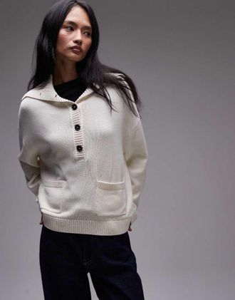 Arket Pull en maille à grand col boutonné - Blanc cassé