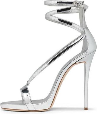 Generic Sandales &agrave; Talons Aiguilles 12cm Femme M&eacute;tallique Or Argent &agrave; Bretelles Bout Ouvert Enroulement de Cheville Chaussures de Robe pour F&ecirc;te Mariage Bal d