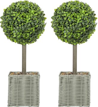 HOMCOM 2er Set Künstliche Buchsbaumkugel 50cm Kunstpflanze mit Zierkieseln, Plastik Künstliche Pflanzen im Topf, Kunstbaum Fake Plant wie echt für Wohnzimmer