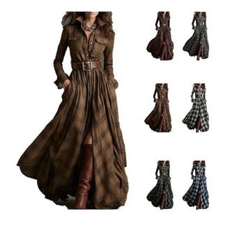 Generic Robe chemise &agrave; carreaux pour femme, manches longues, boutonn&eacute;e sur le devant, col en V, boutonn&eacute;e, robe fendue avec poches, style cowboy r&eacute;tro, occide