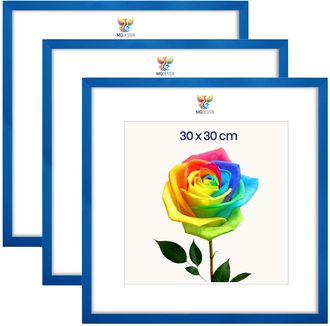 MG Design 3er Set Bilderrahmen 30 x 30 cm - Posterrahmen mit Blau Echtholzrahmen und bruchsicherem Acrylglas, Hoch & Quer mit stabiler Wandaufhängung