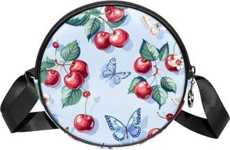 Generic Petit sac &agrave; bandouli&egrave;re circulaire pour femme, motif papillons, cerises, petit sac &agrave; bandouli&egrave;re avec fermeture &eacute;clair, bretelles r&eacute;glables, sac &agrave; mai