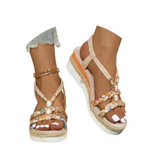 Minetom Sandales Compens&eacute;es Femme &Eacute;t&eacute; Boho Confortable Bout Ouvert Plateforme Chaussures &agrave; Talon Compens&eacute; A2 Beige 41 EU