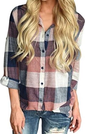 ORANDESIGNE Chemisier Carreaux Femme Blouses à Manches Longues Chemise Décontractée Classique Retro Blouse Shirt Casual Vintage Col Boutonné Chemisier Tops (Z1 Or