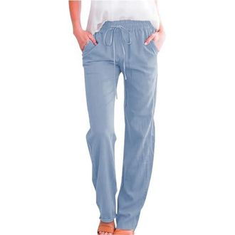 Generic Pantalon en lin pour femme Printemps &eacute;t&eacute; habill&eacute; taille haute avec cordon de serrage en coton droit Pantalon de d&eacute;tente Pantalon de plage, bleu clair,