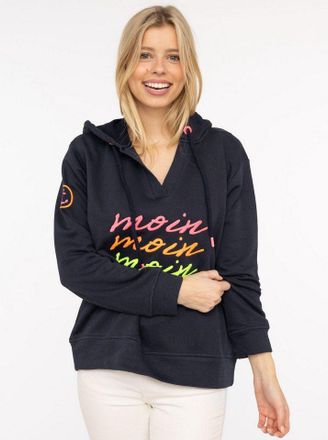 Zwillingsherz Hoodie Moin Moin Moin V-Ausschnitt, bunte Stickerei, Kapuze, Kordelzug