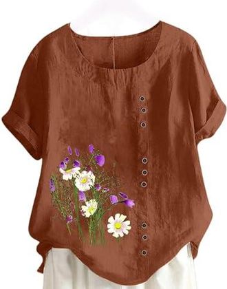 Generic Chemise d&eacute;contract&eacute;e en lin &agrave; manches courtes et col rond pour femme - Pull d&eacute;t&eacute; r&eacute;tro &agrave; manches roul&eacute;es - Haut &agrave; col rond, Marron., XXL