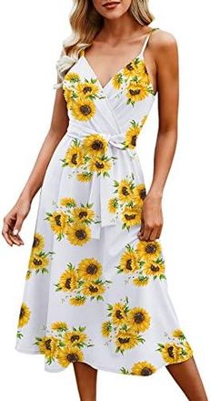 Generic Robe d&eacute;t&eacute; boh&egrave;me sans manches avec col en V et bretelles florales pour femme avec ceinture, jaune, M