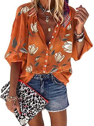 Onsoyours Femme Eté Chemisier Bohème Imprimée Manche Courte Mousseline De Soie Blouse Boho Chic Col en V Grande Taille Shirts Haut Top X Orange S