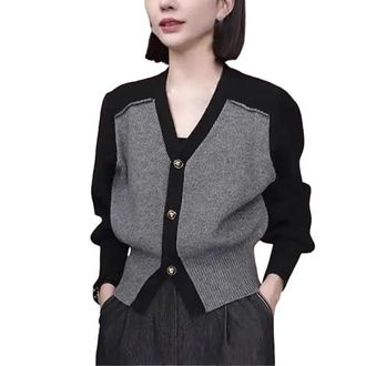 Generic Cardigan en tricot &agrave; col en V pour femme avec boutons cor&eacute;ens et manches longues, gris, Taille XL