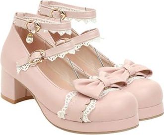 Hemoton Chaussures Lolita Cuir Rose pour Femme Talon &Eacute;pais Stable Motif Noeud et Dentelle Mode Plate Confortable pour Travail F&ecirc;te et Mariage