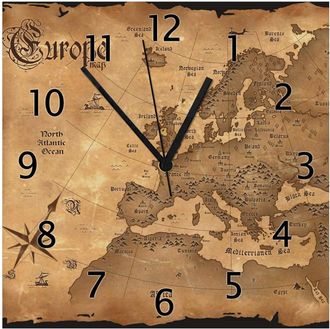 Wallario Design-Wanduhr Alte Weltkarte Karte von Europa in englisch aus Glas, Motiv-Uhr Größe 30 x 30 cm, Schwarze Zeiger