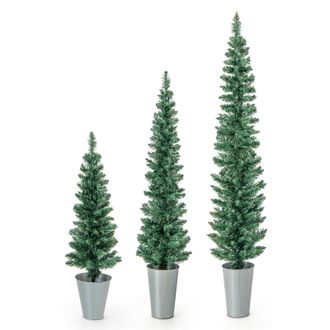 Giantex 3er Set K&uuml;nstlicher Weihnachtsbaum in Vase mit gef&auml;lschten B&auml;umen 90/120/150cm, D&uuml;nne Weihnachtsb&auml;ume mit Eimern aus versilbertem Metall, Festliche De