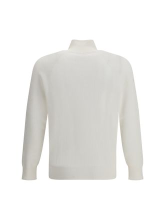 Brunello Cucinelli Ribbed Cotton with Half-Zip Sweater - White