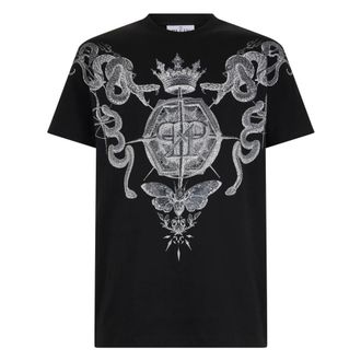 Philipp Plein Homme, Tops, Noir, Taille: XL T-Shirt Col Rond Rose des Vents Tatouage
