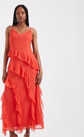 Vero Moda Tall Smilla - Chiffon-Midikleid in Rot mit schmalen Tr&auml;gern und R&uuml;schen-Rosa